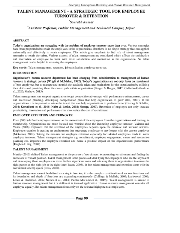 (PDF) Talent Management - A Strategic Tool for Employee Turnover & Retention
