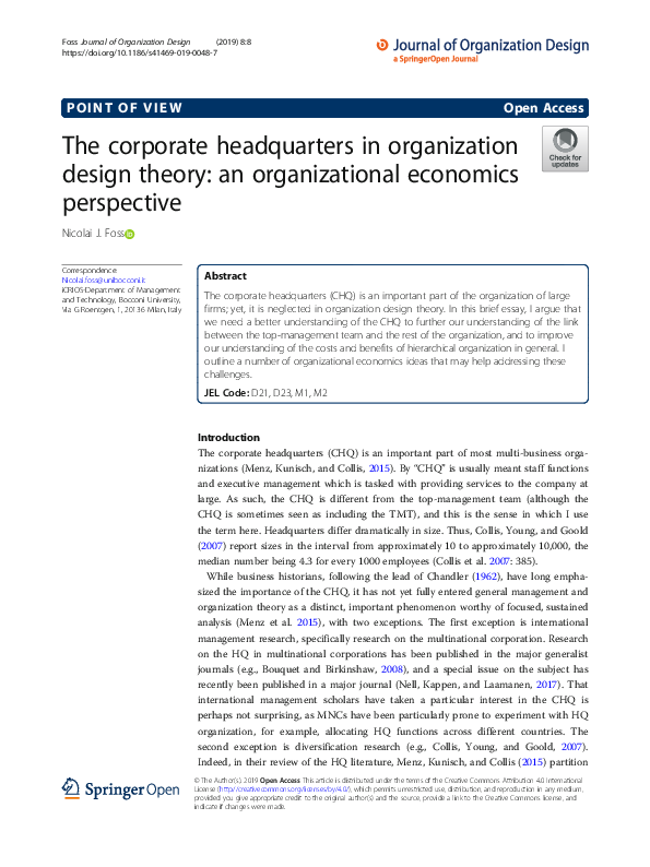 (PDF) The corporate headquarters in organization design theory: an ...
