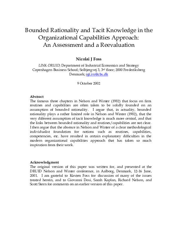 (PDF) Bounded rationality and tacit knowledge in the organizational capabilities approach: an ...
