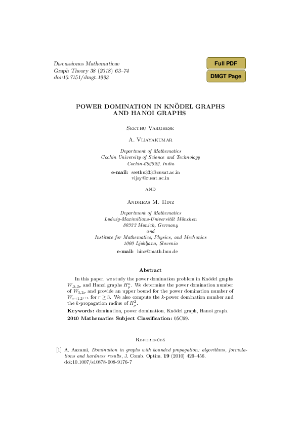 Pdf Power Domination In Kn Odel Graphs And Hanoi Graphs