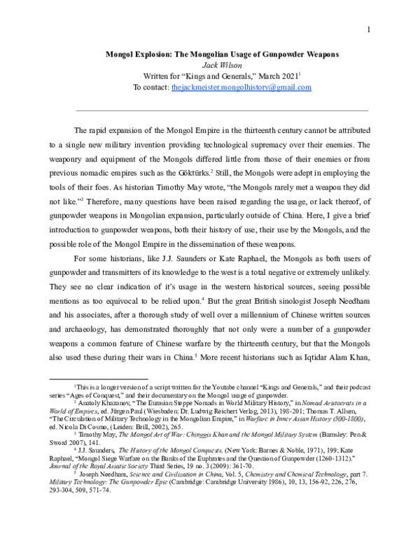 (PDF) Mongol Explosion: The Mongolian Usage of Gunpowder Weapons