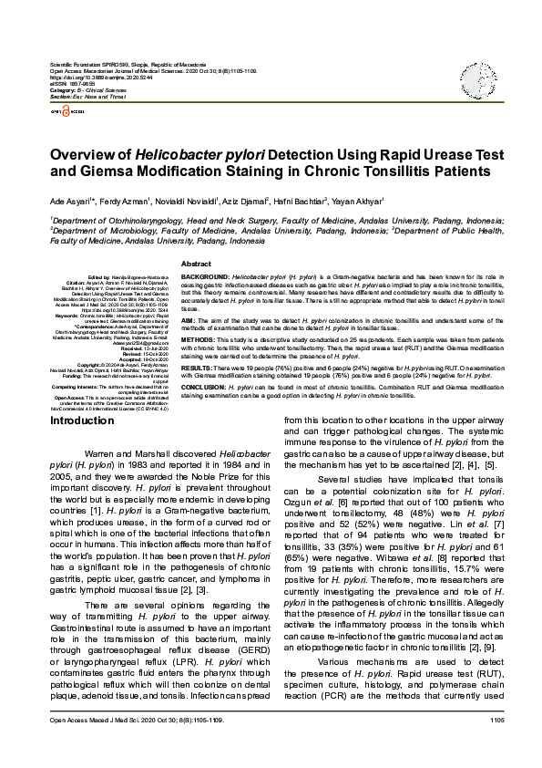 (PDF) Overview of Helicobacter pylori Detection Using Rapid Urease Test ...