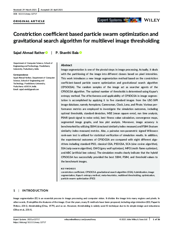 Pdf Constriction Coefficient Based Particle Swarm Optimization And
