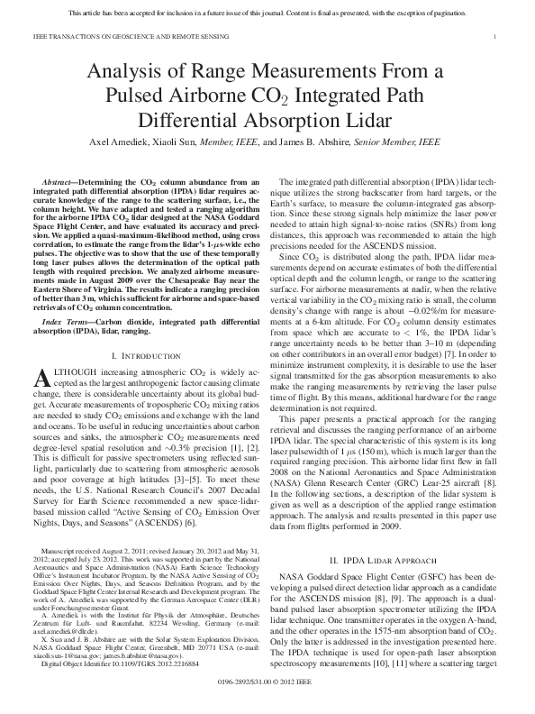 (PDF) Analysis of Range Measurements From a Pulsed Airborne $ \hbox{CO ...