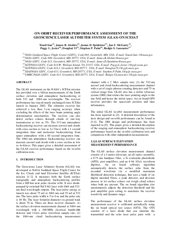 (PDF) On Orbit Receiver Performance Assessment of the Geoscience Laser ...