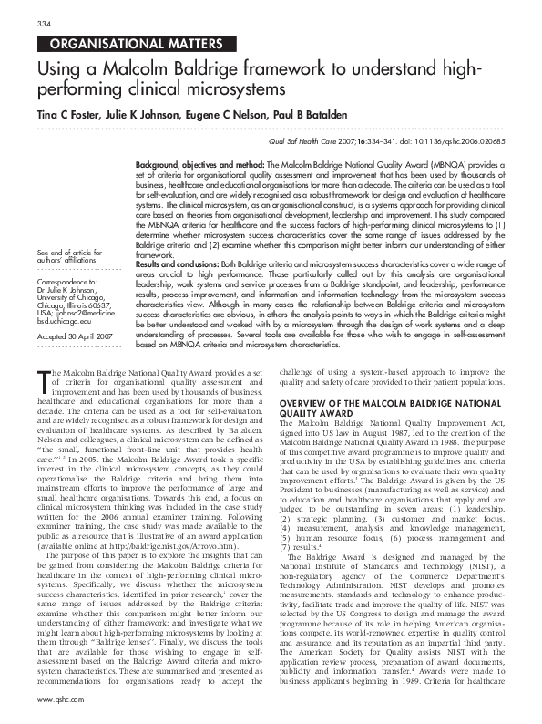 (PDF) Using a Malcolm Baldrige framework to understand high-performing ...