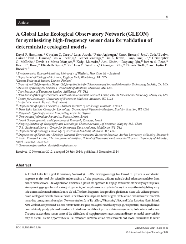 (PDF) A Global Lake Ecological Observatory Network (GLEON) for ...