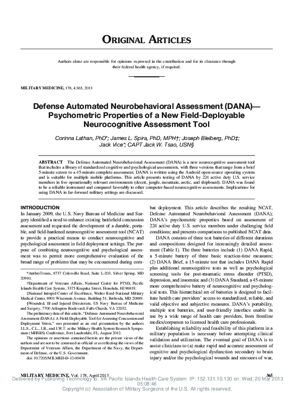 (PDF) Defense Automated Neurobehavioral Assessment (DANA)—Psychometric ...