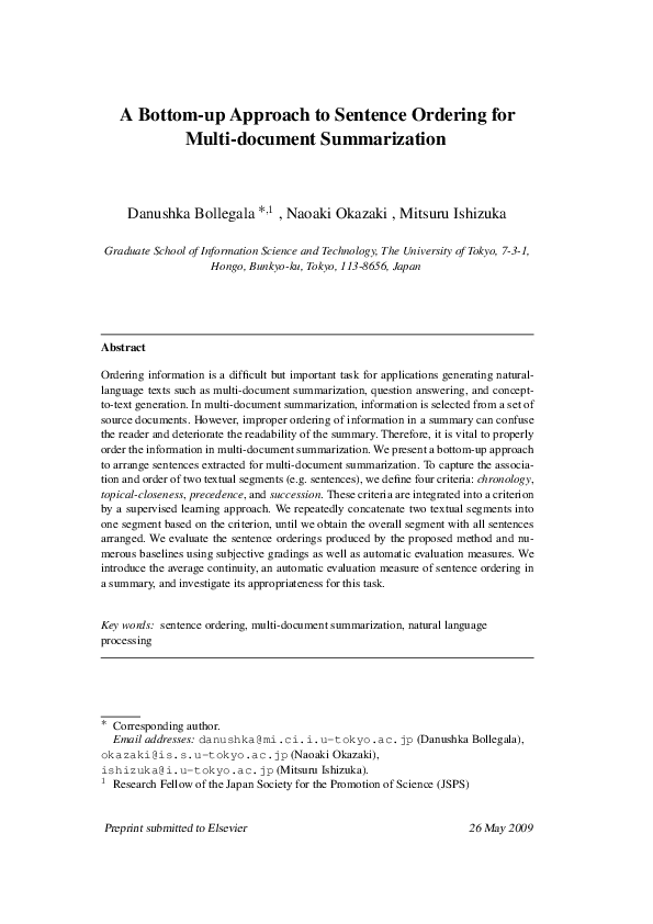 Pdf A Bottom Up Approach To Sentence Ordering For Multi Document Summarization