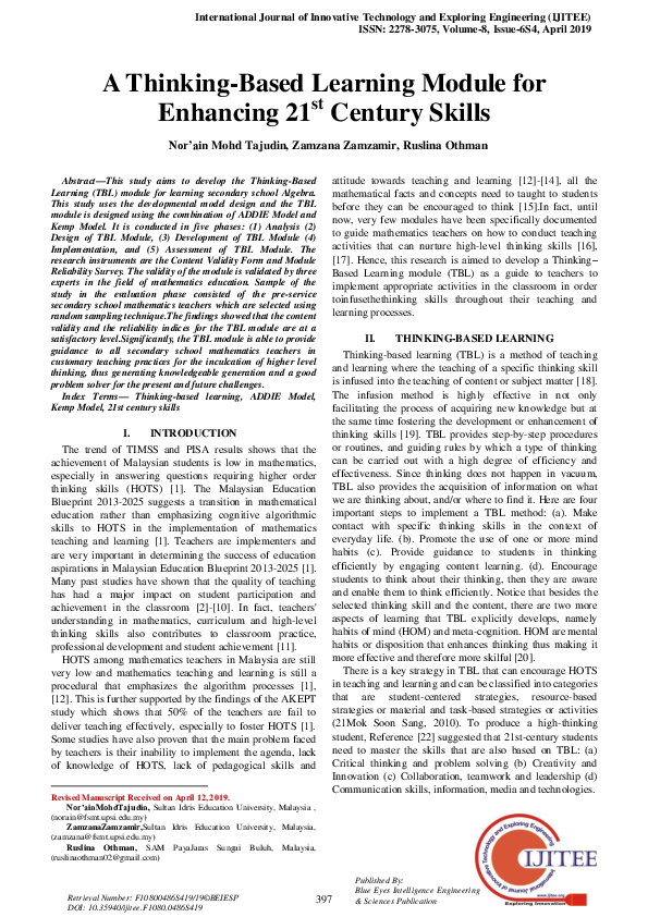 (PDF) A Thinking-Based Learning Module for Enhancing 21st Century Skills