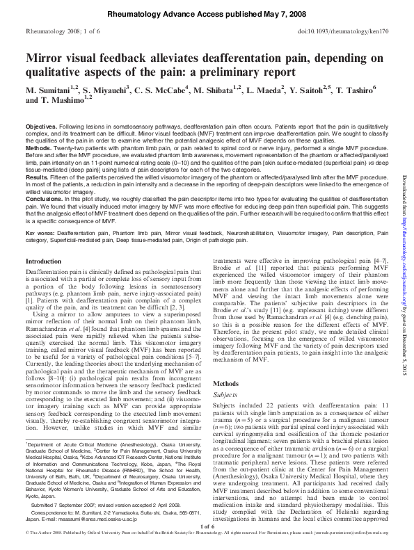 (PDF) Mirror visual feedback alleviates deafferentation pain, depending ...