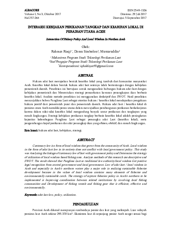 (PDF) Interaksi Kebijakan Perikanan Tangkap Dan Kearifan Lokal DI Perairan Utara Aceh | Domu ...