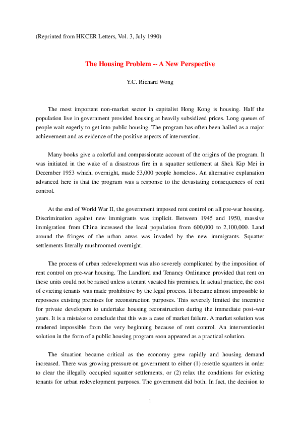 (PDF) The Housing Problem – A New Perspective