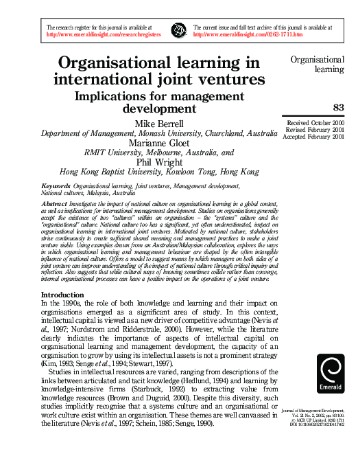 (PDF) Organisational learning in international joint ventures ...