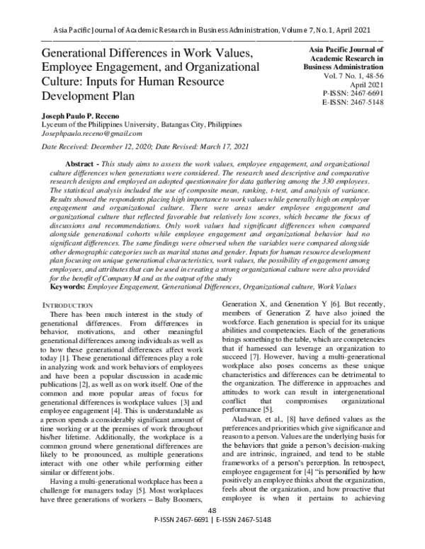 (PDF) Generational Differences in Work Values, Employee Engagement, and ...