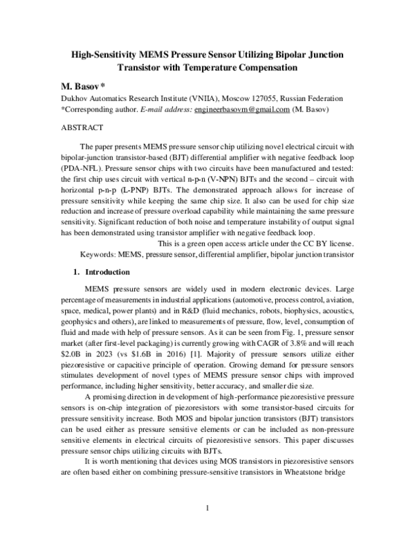 (PDF) High-sensitivity MEMS pressure sensor utilizing bipolar junction transistor with ...