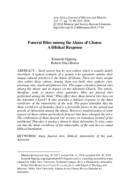 (PDF) Funeral Rites among the Akans of Ghana: A Biblical Response
