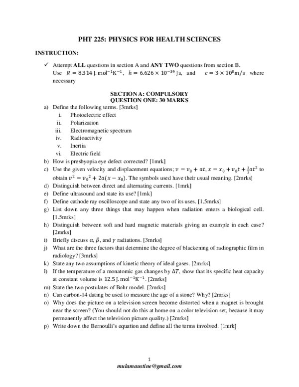 (PDF) PHYSICS FOR HEALTH SCIENCES (1) + MARKING GUIDE