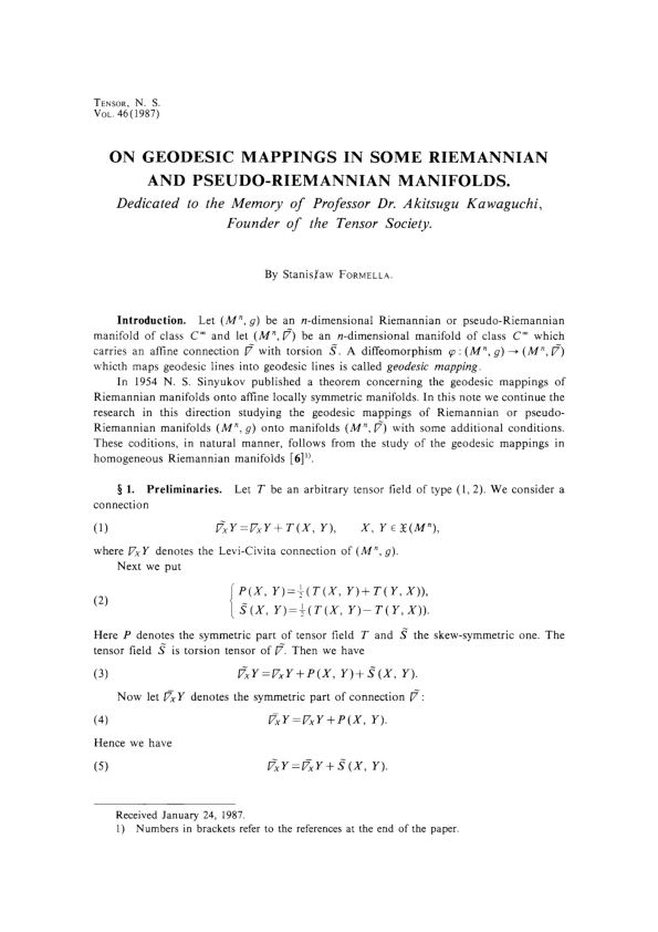 (PDF) On geodesic mappings in some Riemannian and pseudo Riemannian manifolds