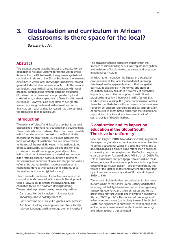 (PDF) Globalisation and curriculum in African classrooms: Is there ...