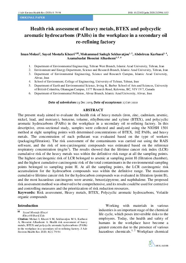 (PDF) Health risk assessment of heavy metals, BTEX and polycyclic aromatic hydrocarbons (PAHs ...