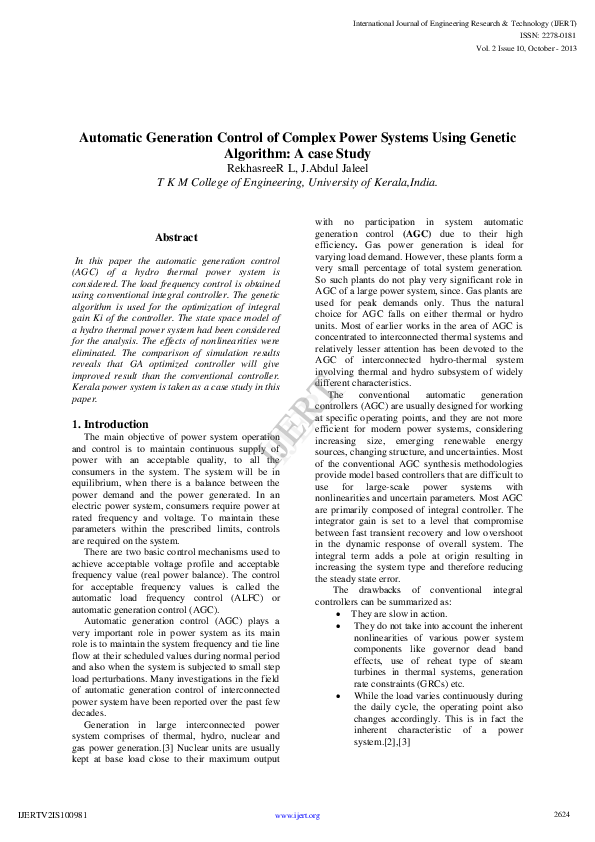 Pdf Ijert Automatic Generation Control Of Complex Power Systems Using Genetic Algorithm A