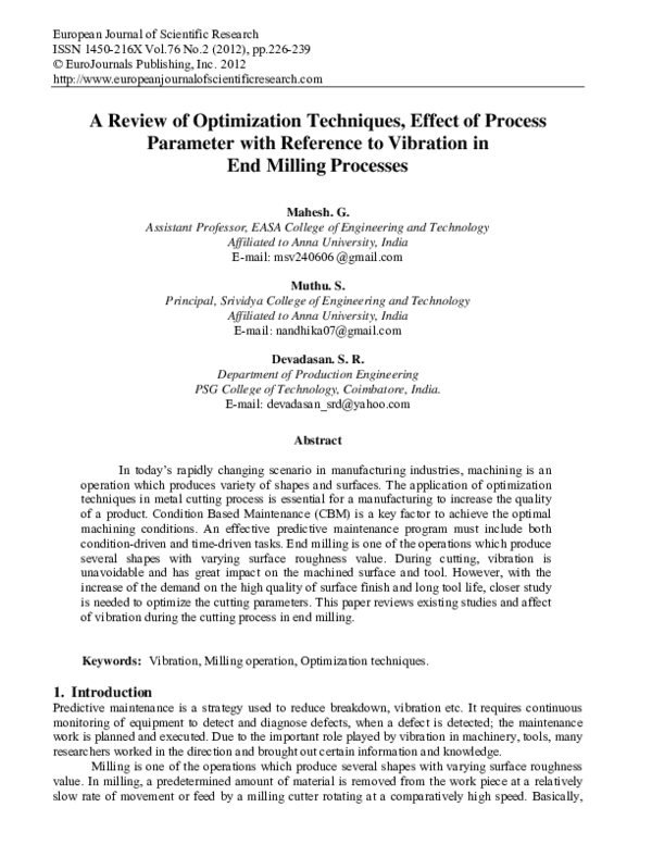 (PDF) A Review of Optimization Techniques, Effect of Process Parameter ...