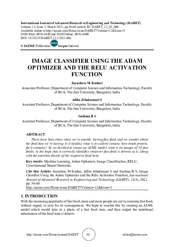 (PDF) IMAGE CLASSIFIER USING THE ADAM OPTIMIZER AND THE RELU ACTIVATION ...
