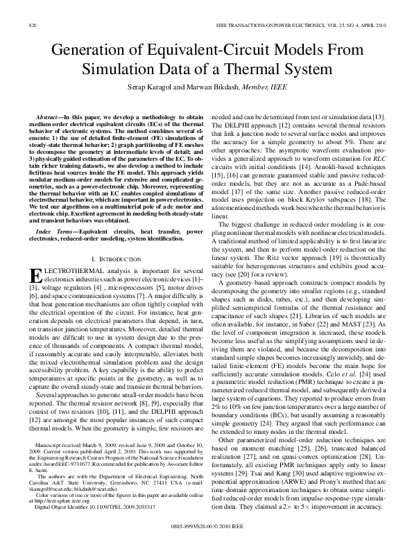 Pdf Generation Of Equivalent Circuit Models From Simulation Data Of A Thermal System