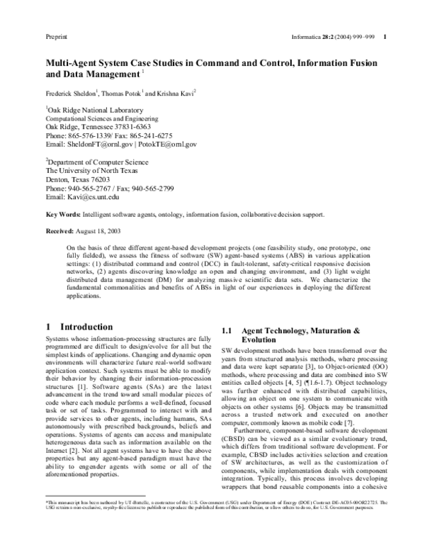 (PDF) Multi-agent system case studies in command and control, information fusion and data management