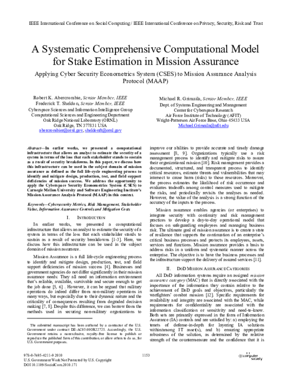 Pdf A Systematic Comprehensive Computational Model For Stake Estimation In Mission Assurance