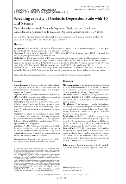 (PDF) Screening capacity of Geriatric Depression Scale with 10 and 5 items