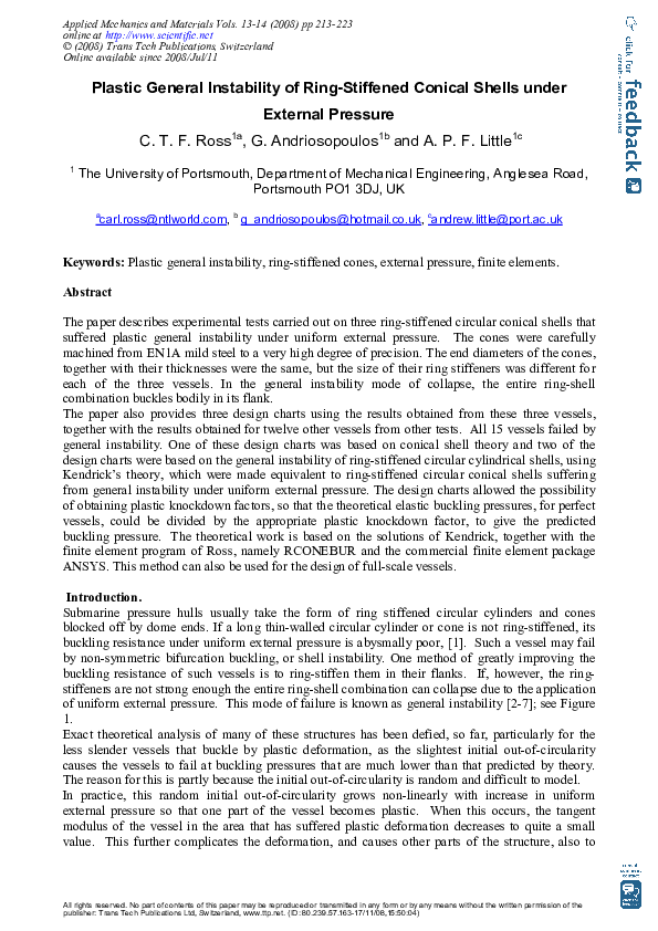 (PDF) Plastic General Instability of Ring-Stiffened Conical Shells under External Pressure