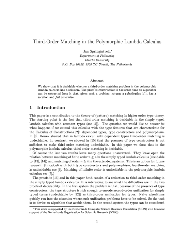 Pdf Third Order Matching In The Polymorphic Lambda Calculus
