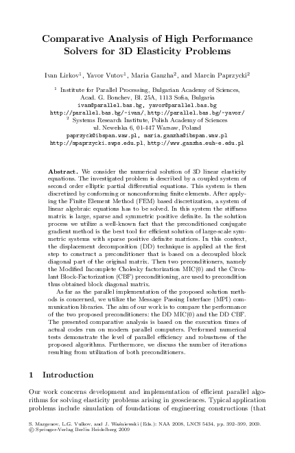 Pdf High Performance Solver For 3d Elasticity Problems Maria Ganzha