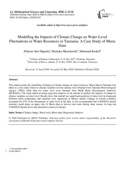 (PDF) Modelling the Impacts of Climate Change on Water Level ...