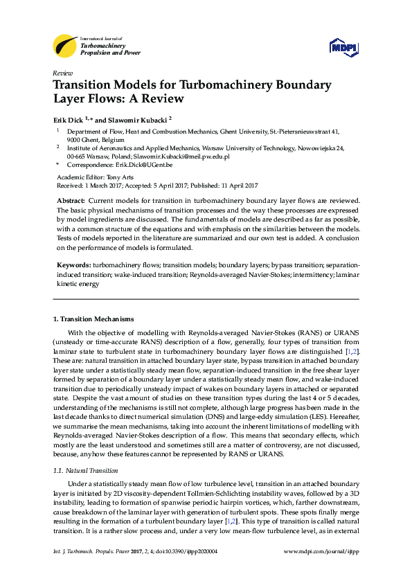 (PDF) Transition Models for Turbomachinery Boundary Layer Flows: A Review
