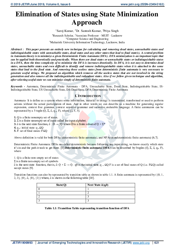 (PDF) Elimination of States using State Minimization Approach