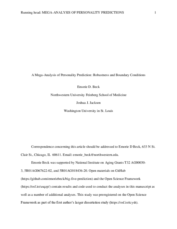 (PDF) A Mega-Analysis of Personality Prediction: Robustness and ...