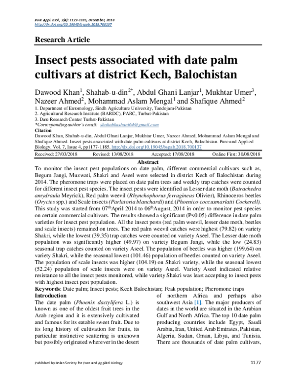 (PDF) Insect pests associated with date palm cultivars at district Kech ...