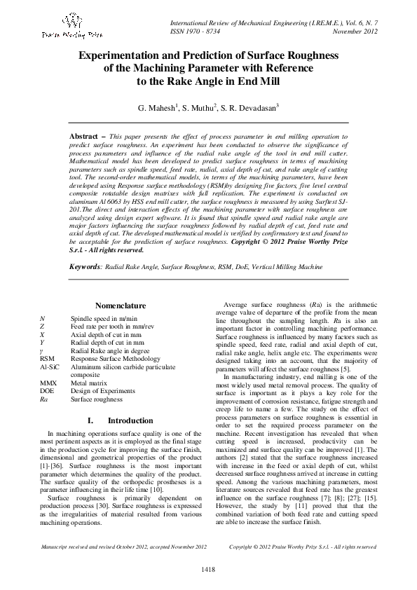 (PDF) Experimentation and Prediction of Surface Roughness of the Machining Parameter with ...