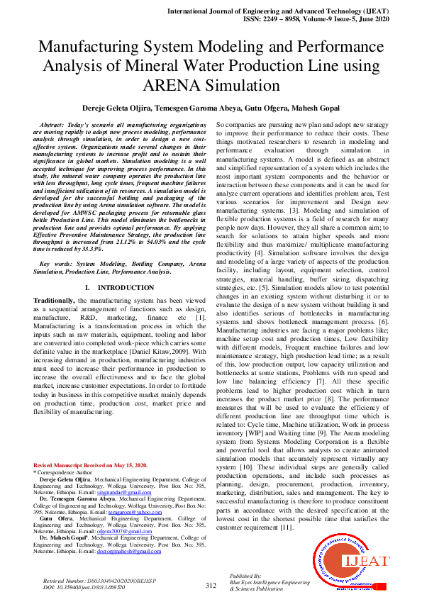 (PDF) Manufacturing System Modeling and Performance Analysis of Mineral Water Production Line ...