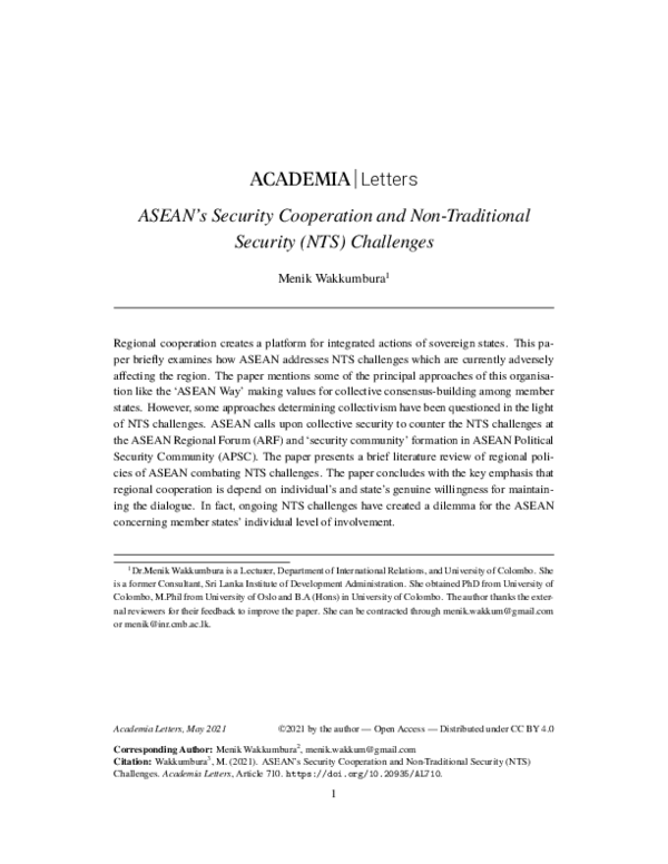 (PDF) ASEAN’s Security Cooperation and Non-Traditional Security (NTS ...