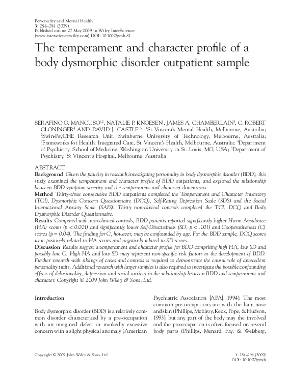 (PDF) The temperament and character profile of a body dysmorphic ...