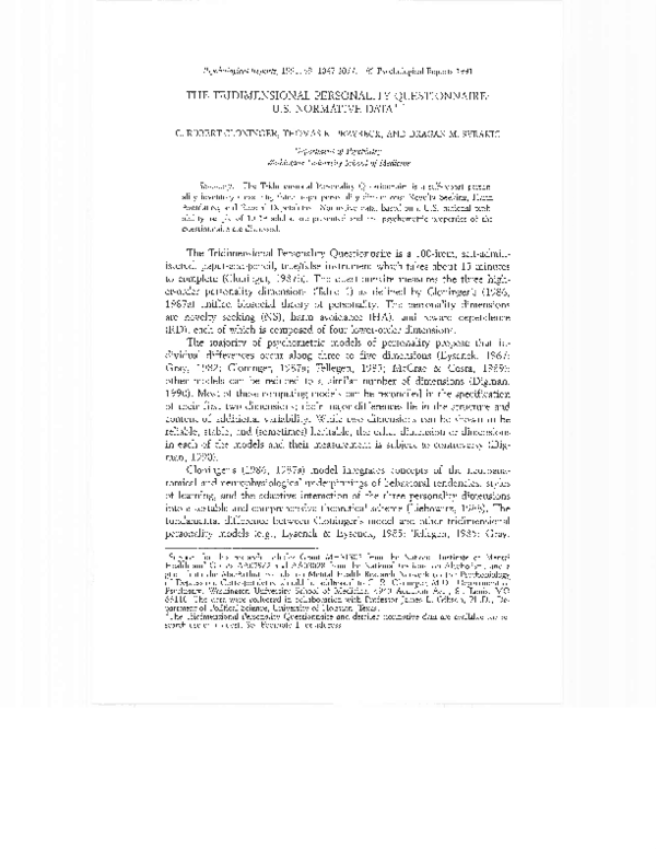 (PDF) The Tridimensional Personality Questionnaire: U.S. Normative Data