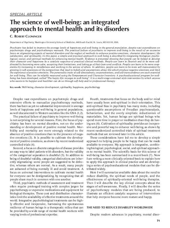 (PDF) The science of well-being: an integrated approach to mental ...