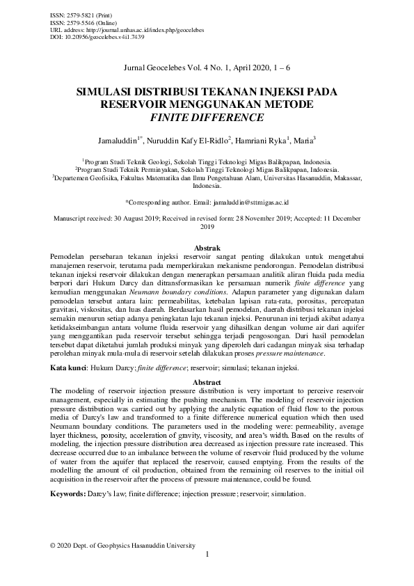(PDF) Simulasi Distribusi Tekanan Injeksi Pada Reservoir Menggunakan Metode Finite Difference