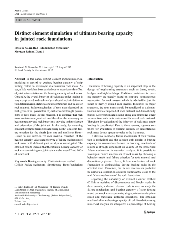(PDF) Distinct element simulation of ultimate bearing capacity in jointed rock foundations