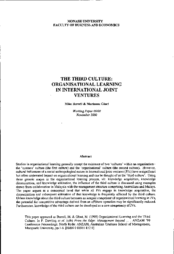 (PDF) THE THIRD CULTURE: ORGANISATIONAL LEARNING IN INTERNATIONAL JOINT ...