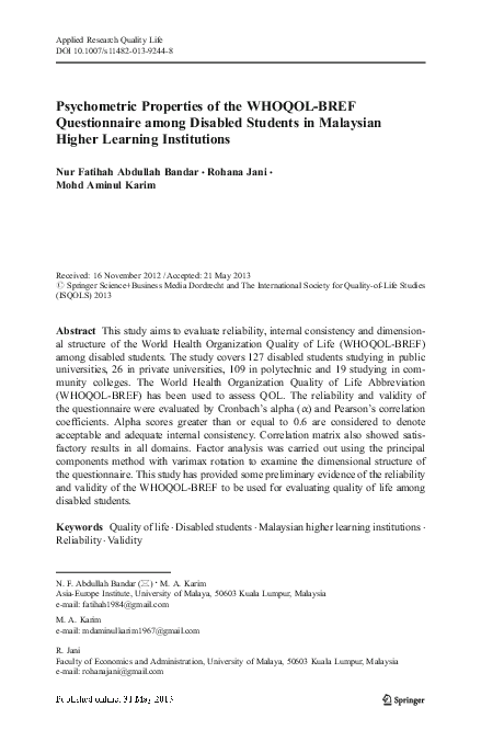 (PDF) Psychometric Properties of the WHOQOL-BREF Questionnaire among ...